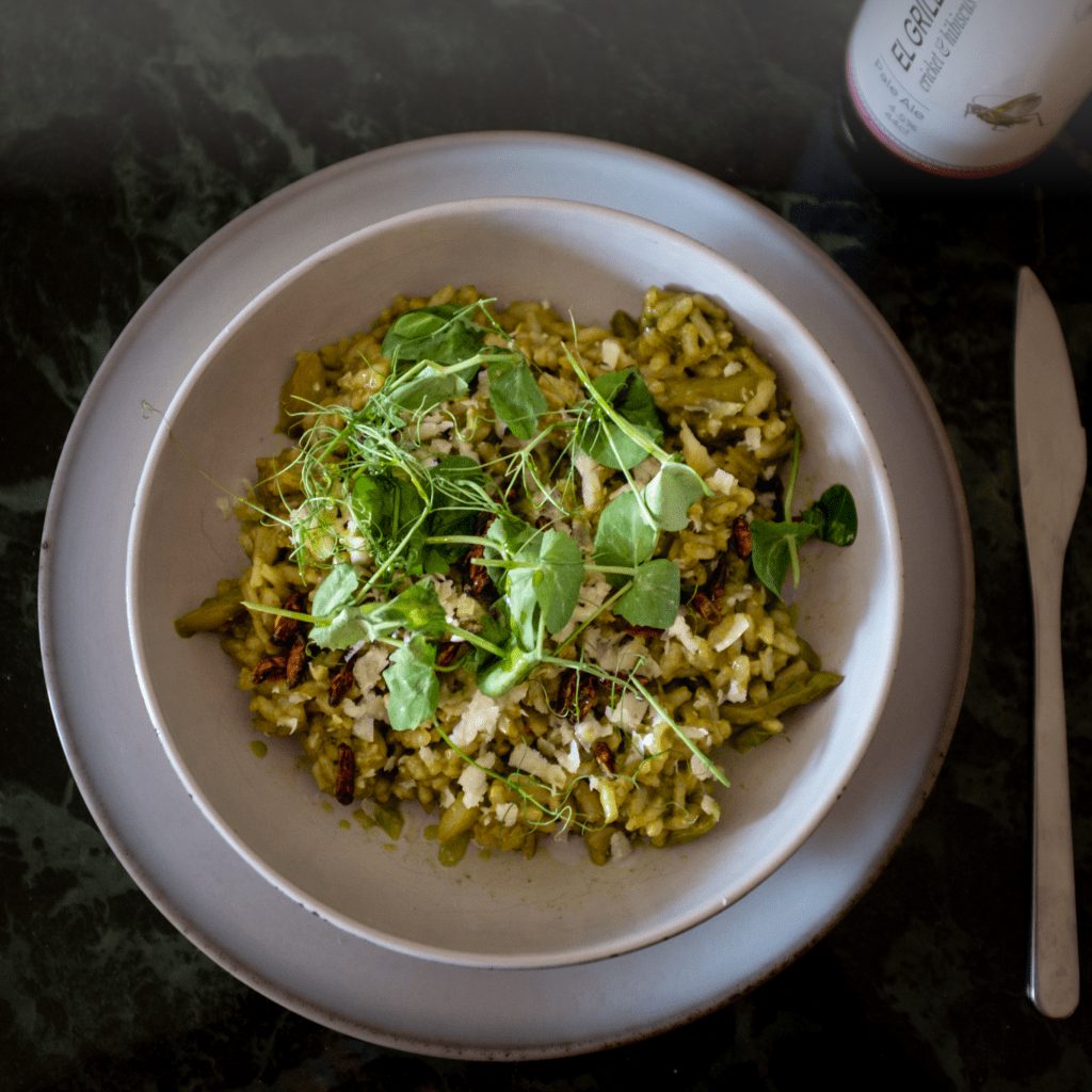 Risotto Asparagus & roasted spicy crickets - El Grillo